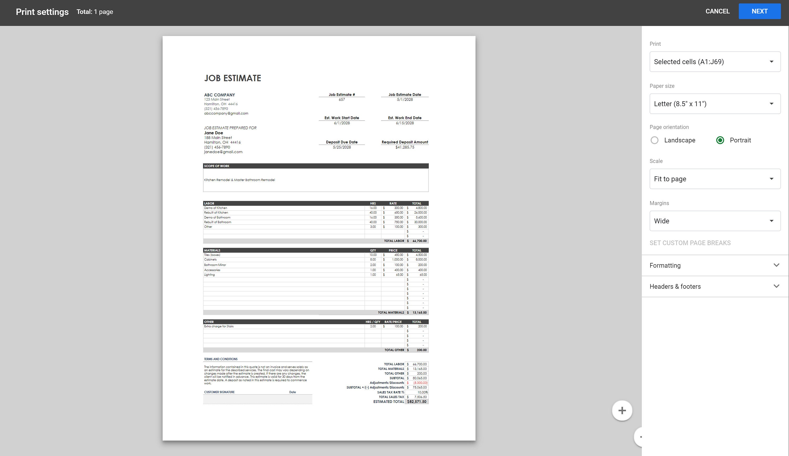 Job Estimate Template: Construction Proposal, Scope of Work (excel ...