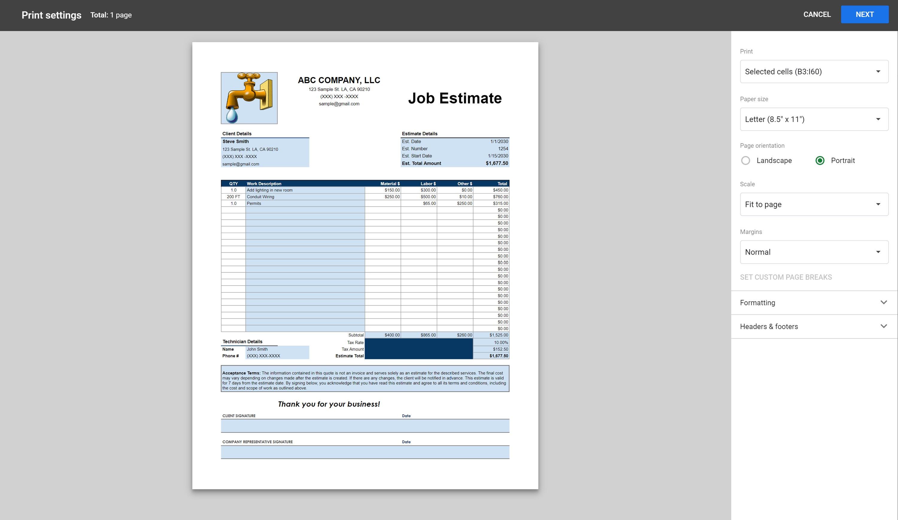 Job Estimate Template: Construction, Handyman, Plumbing (google Sheets ...
