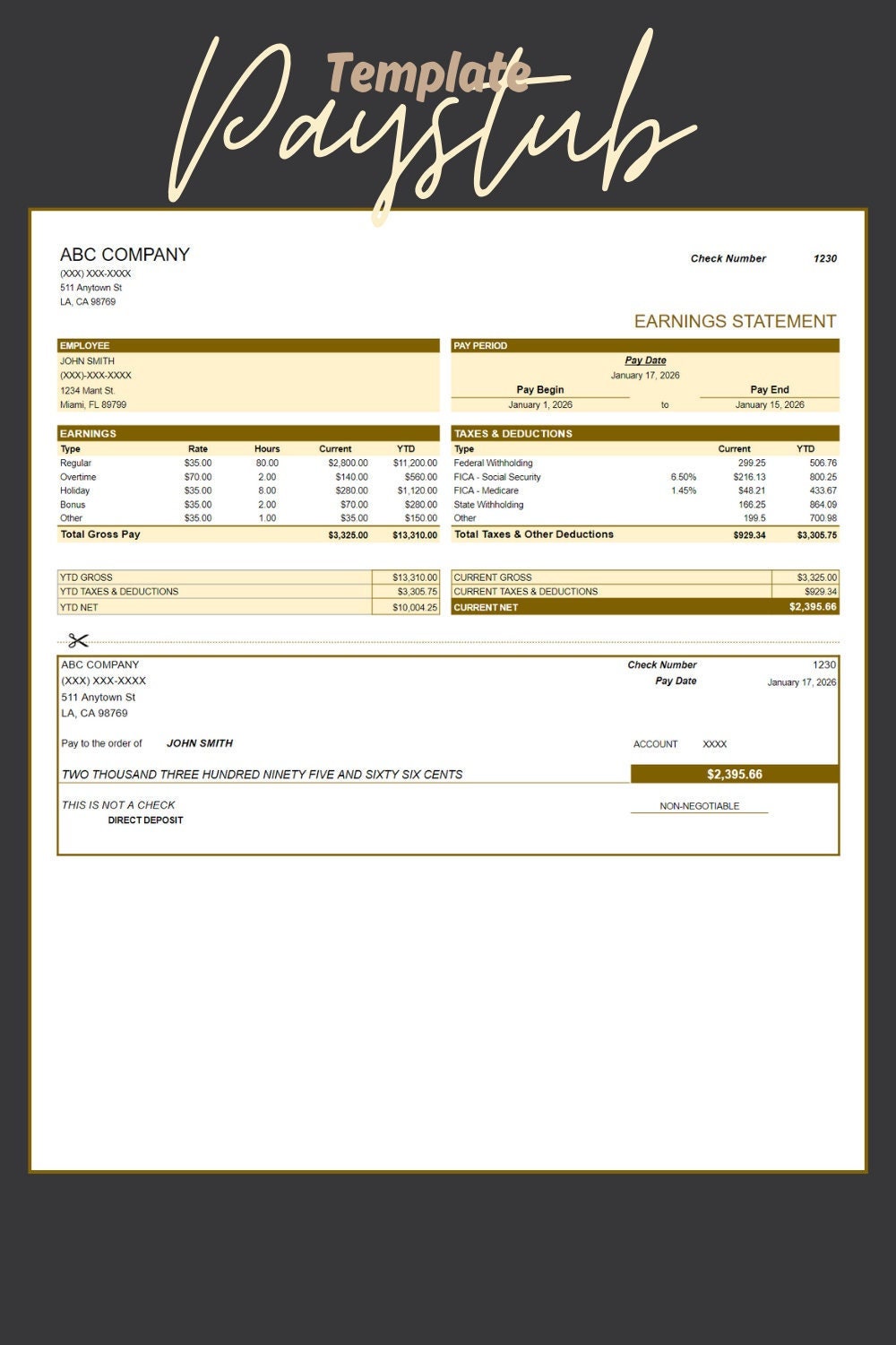 Paystub Template, Earnings Statement, Paystub Excel & Google Sheets ...