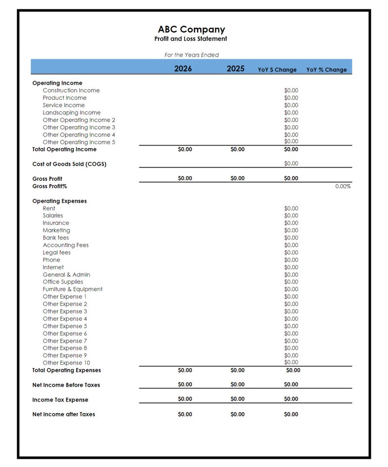 Profit and Loss Statement Template: Prior Year Comparison (excel ...