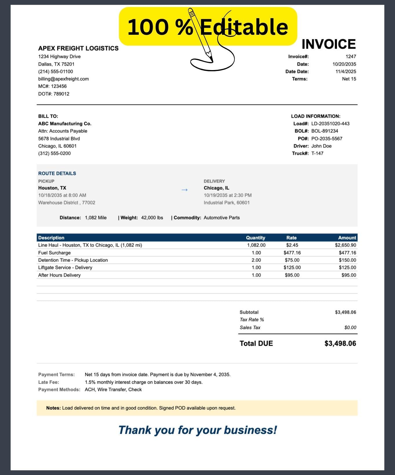 Trucking Invoice Template for Owner Operators & Freight Carriers (excel ...