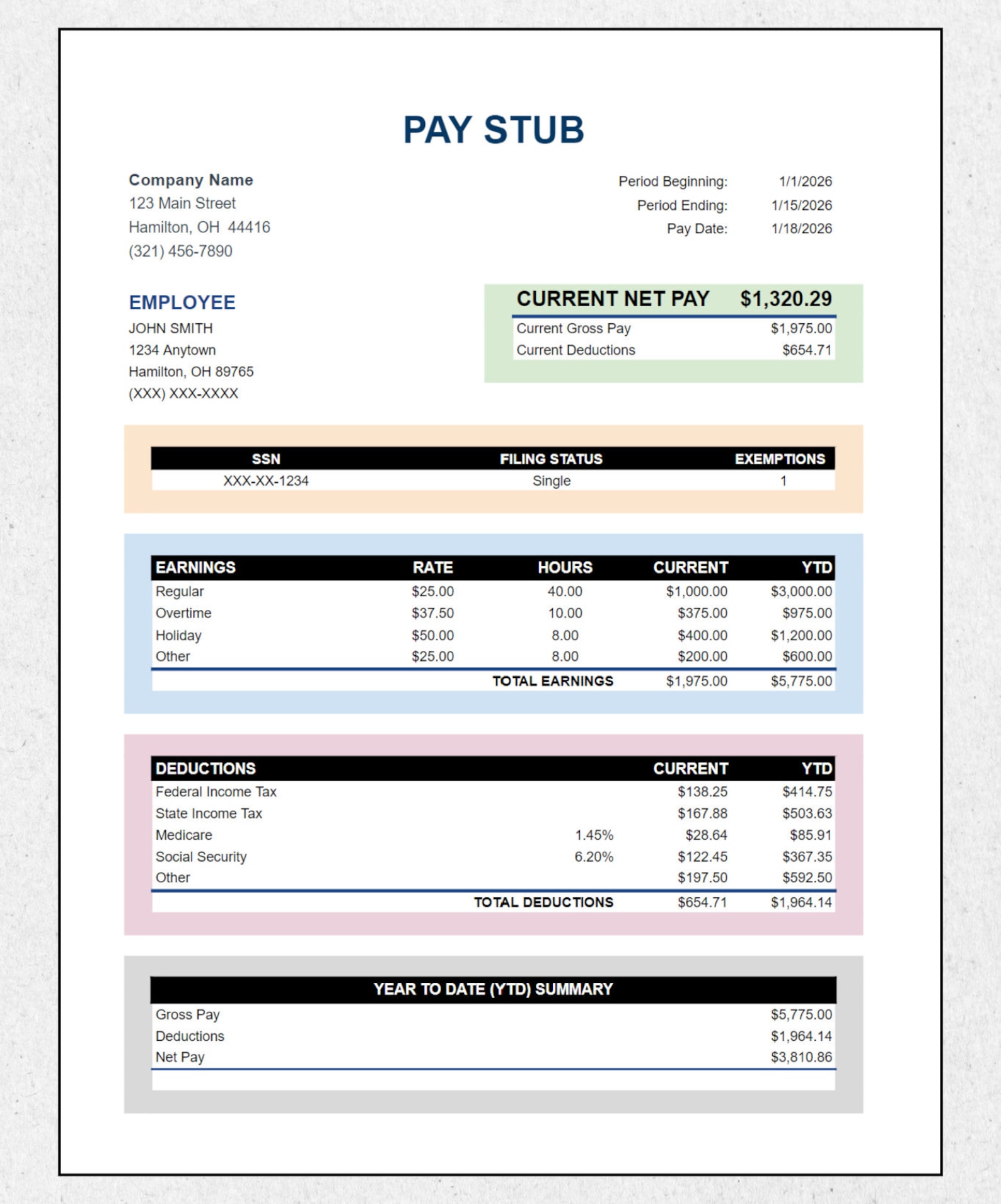 Paystub Template, Earnings Statement, Employee Payroll, Small Business ...