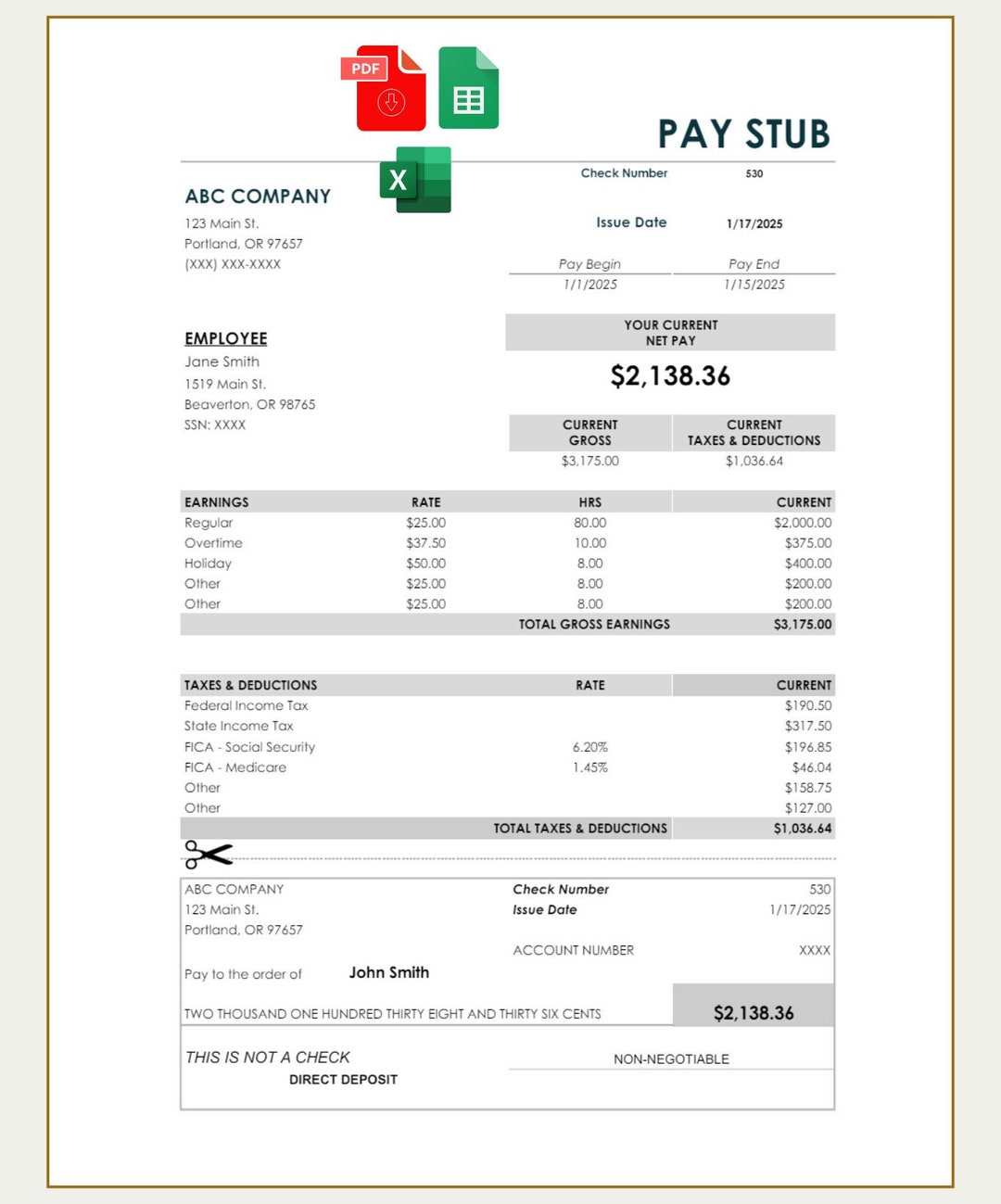 Paystub Template, Earnings Statement, Small Business Paystub, Payslip ...