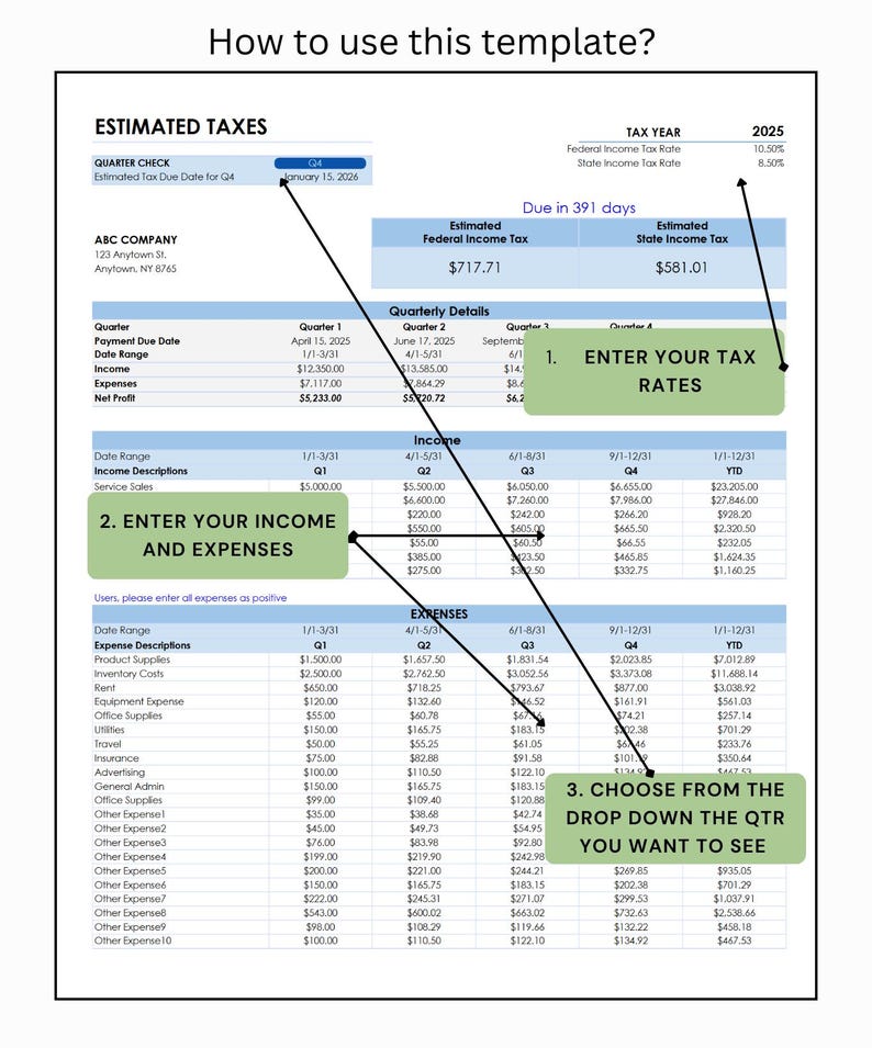 Quarterly Taxes Template: Profit and Loss, Federal & State (excel and ...