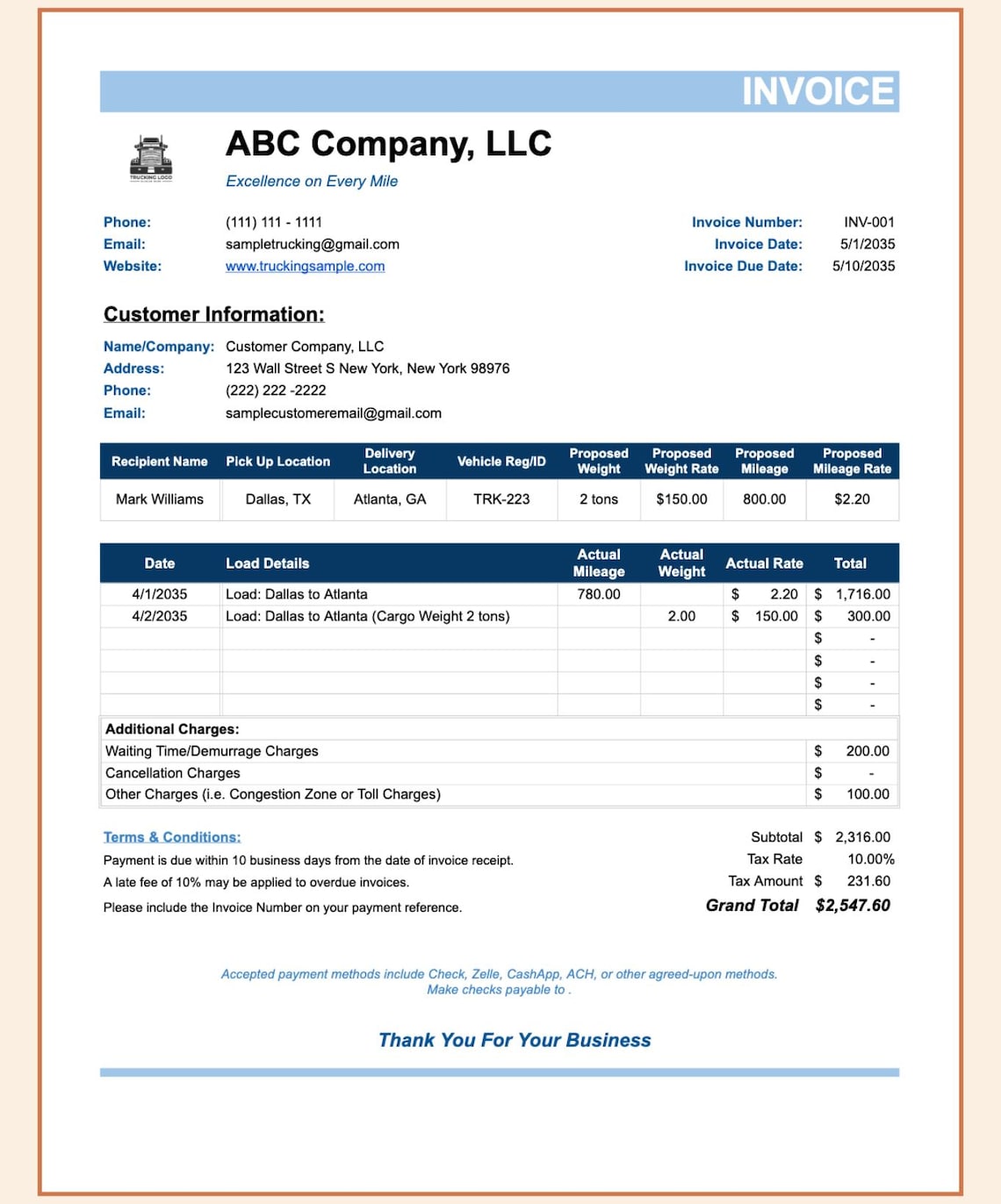 Trucking Invoice Template With Logo: Freight & Mileage Billing Form - Etsy