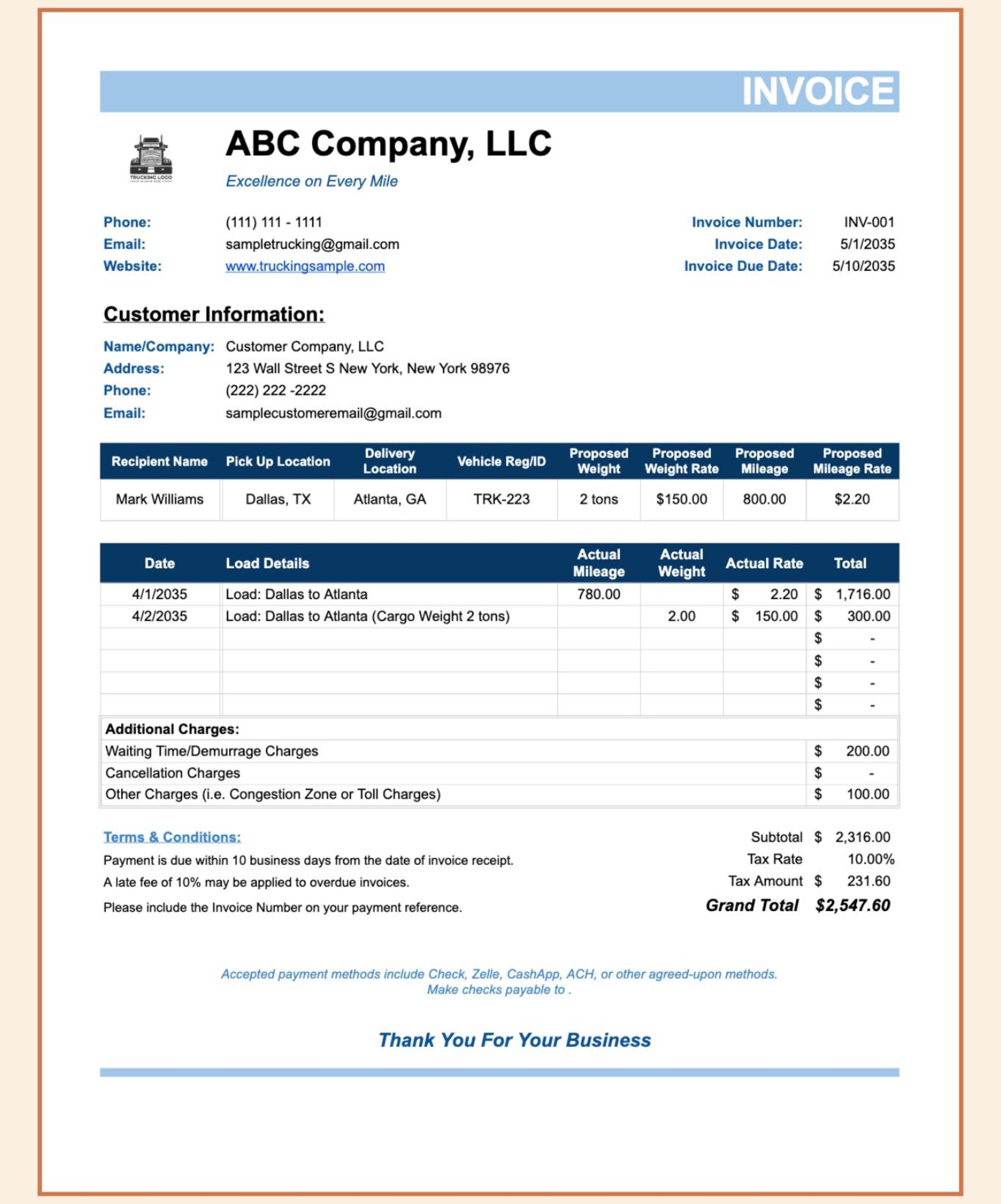 Trucking Invoice Template With Logo: Freight & Mileage Billing Form - Etsy