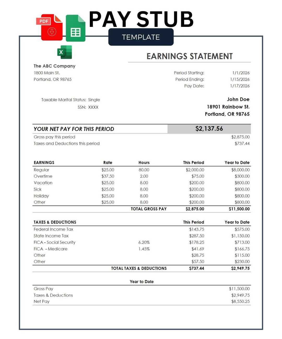 Paystub Template, Earnings Statement, Small Business Paystub Template ...