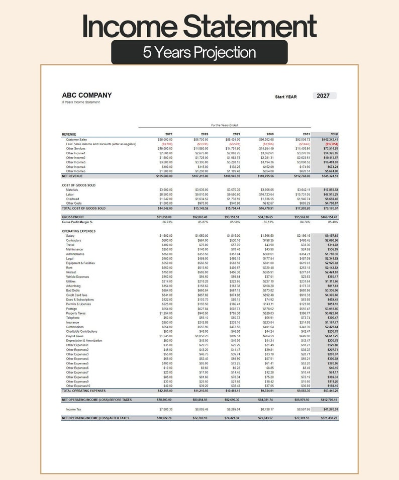 Profit and Loss Statement Projection, Five Years Profit and Loss ...