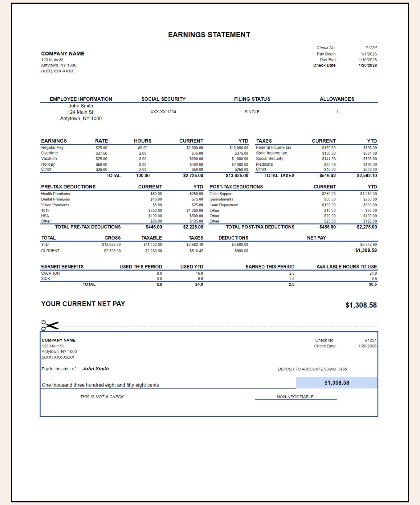 Paystub Template, Earnings Statement, Payroll Template, Payslip ...