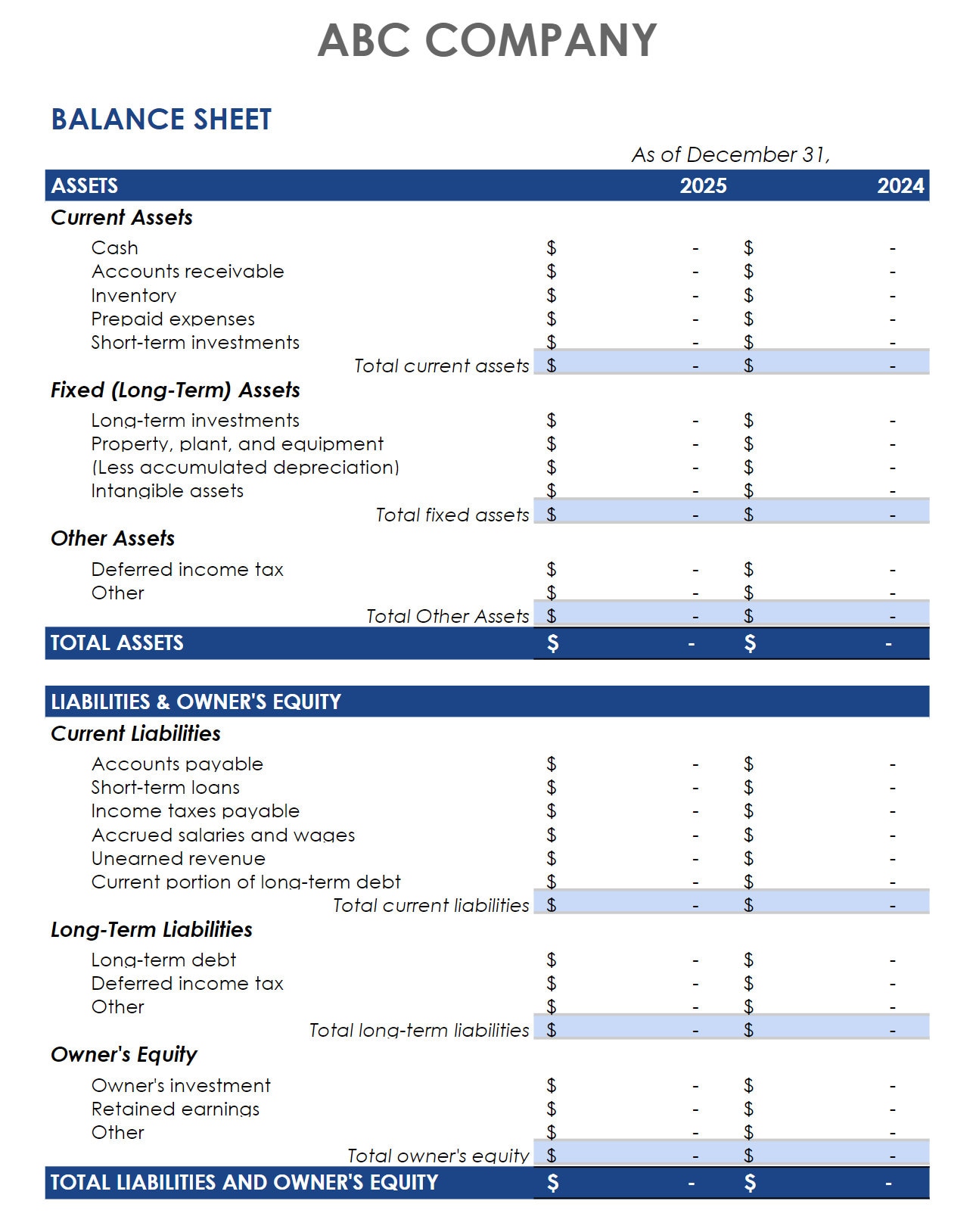 Balance Sheet Template: 2-year Business Statement (excel & Google ...