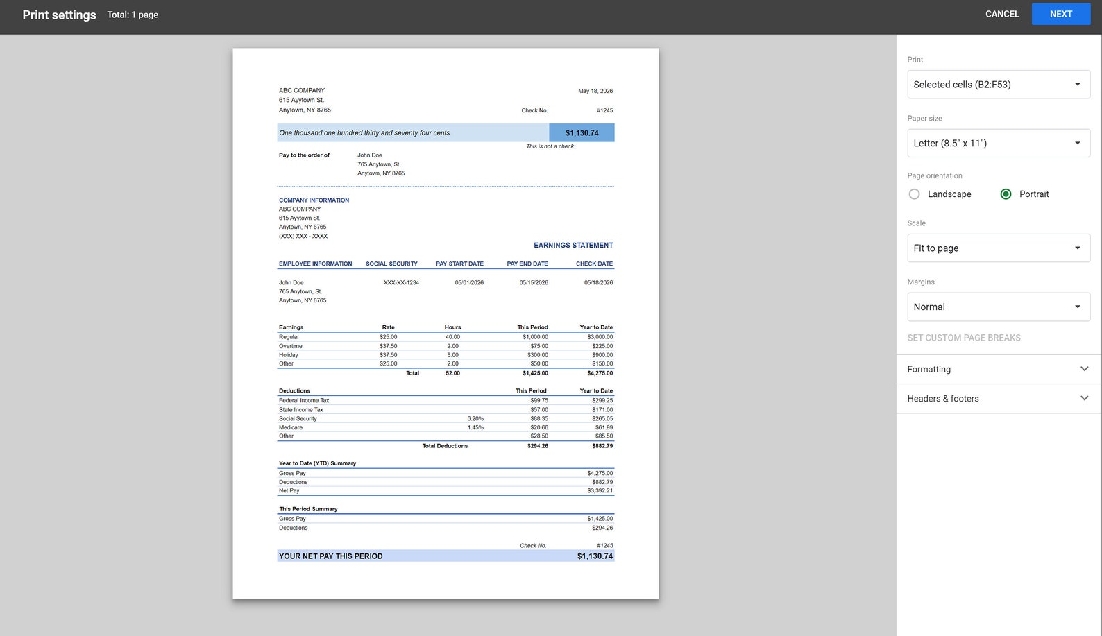 Paystub Template, Earnings Statement, Employee Payroll, Small Business ...