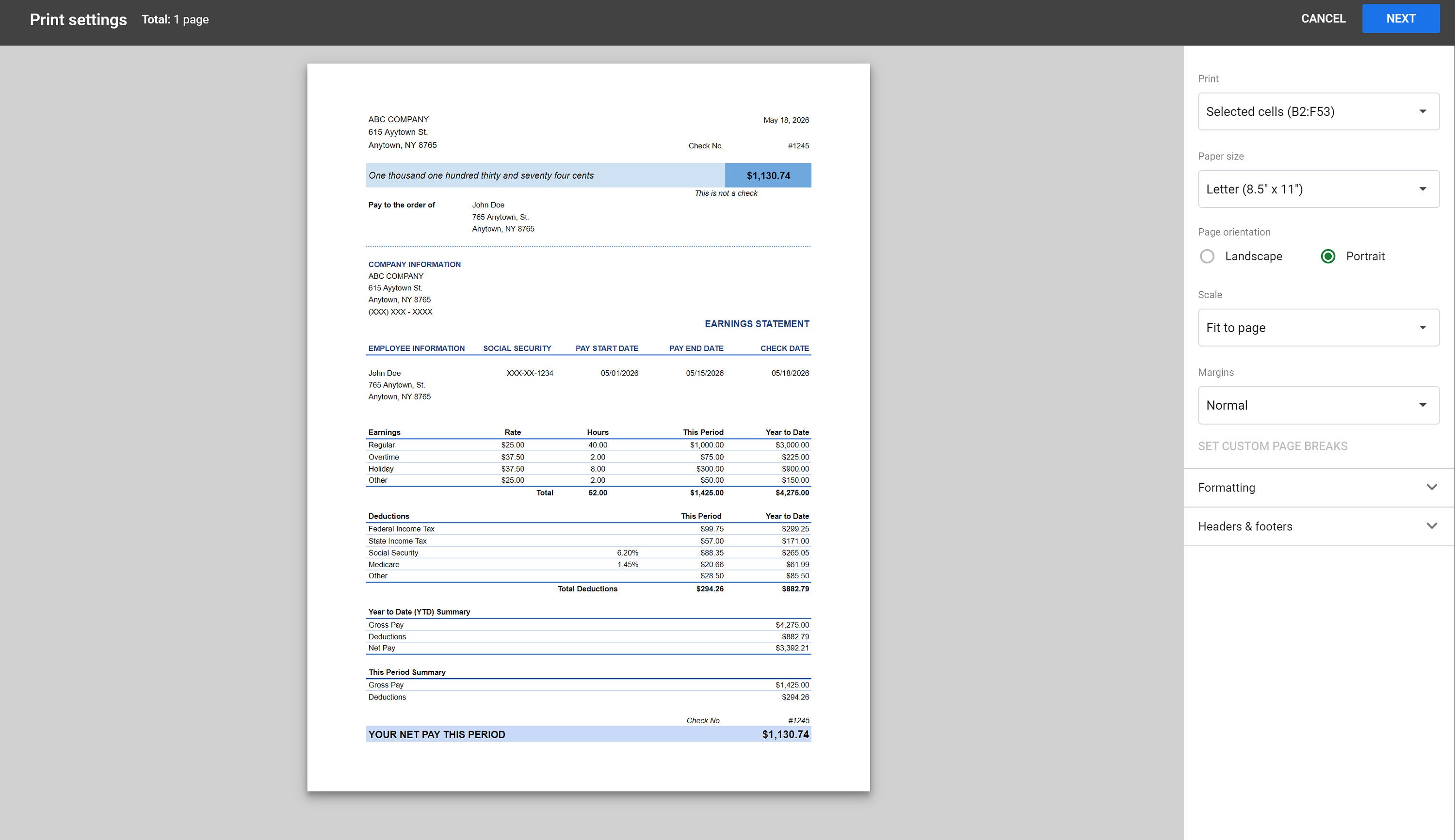 Paystub Template, Earnings Statement, Employee Payroll, Small Business ...