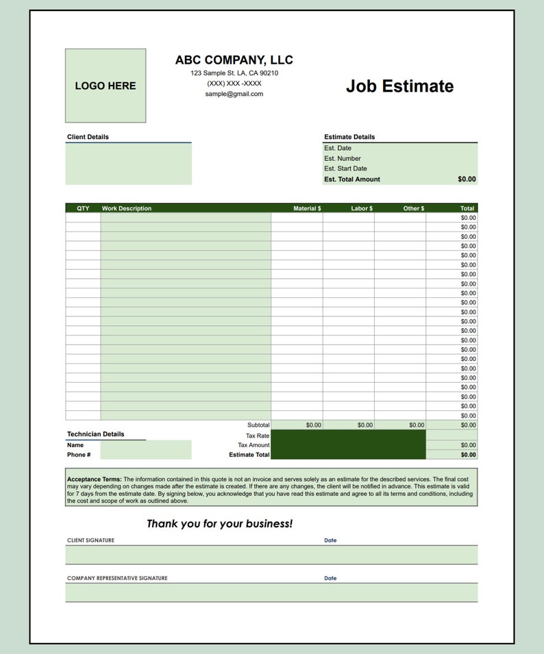 Job Estimate Template, Construction Proposal, General Contractor ...