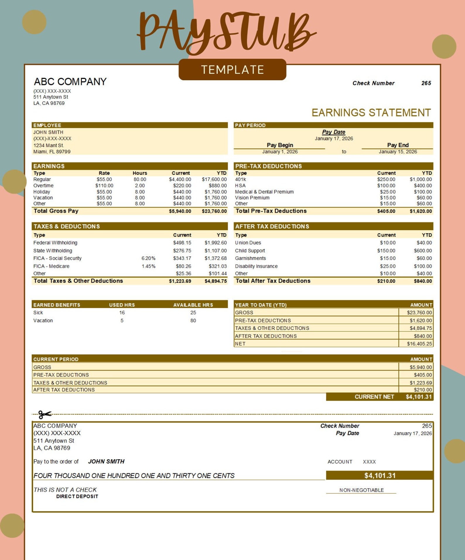 Paystub Template, Earnings Statement, Payroll, Pay Stub Template ...