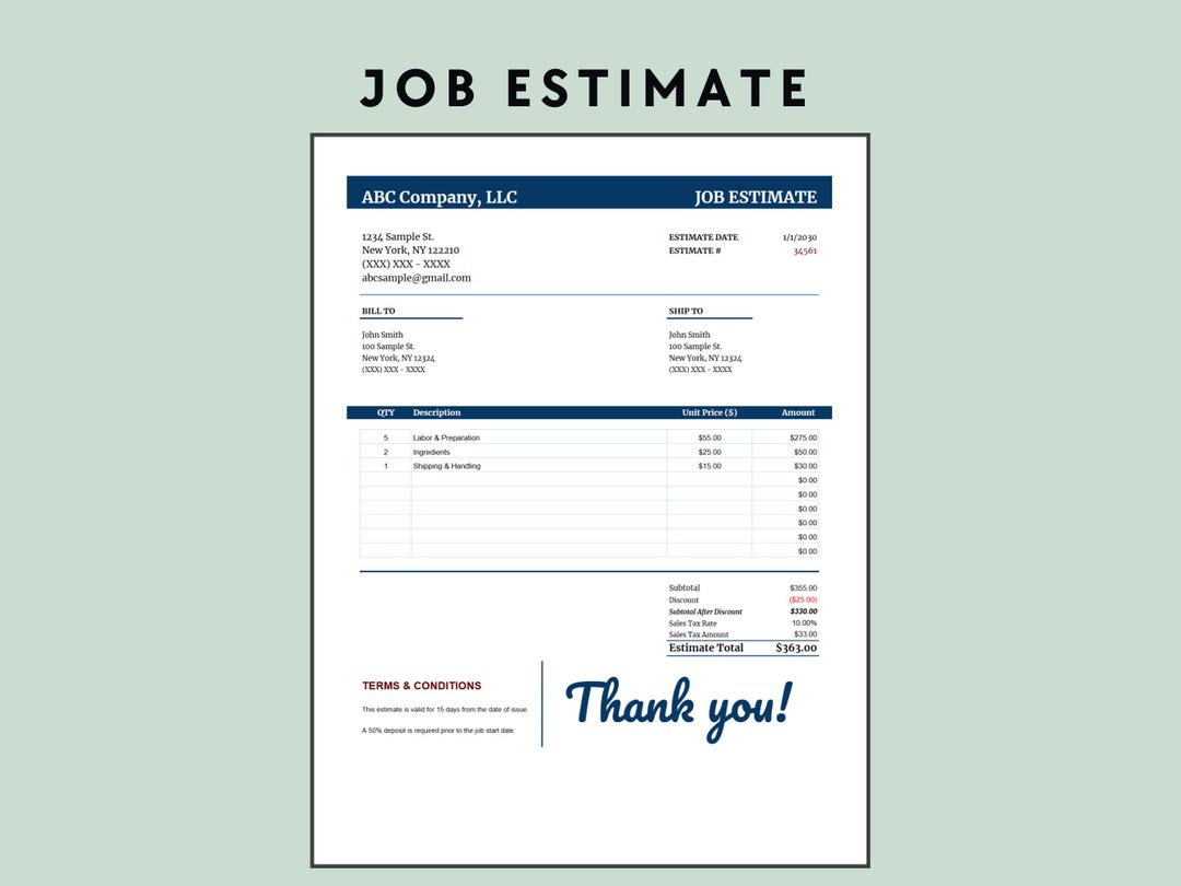 Job Estimate Template: Work Proposal (google Sheets & Excel) - Etsy