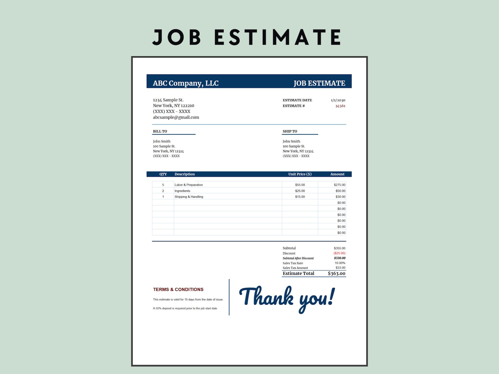 Job Estimate Template: Work Proposal (google Sheets & Excel) - Etsy