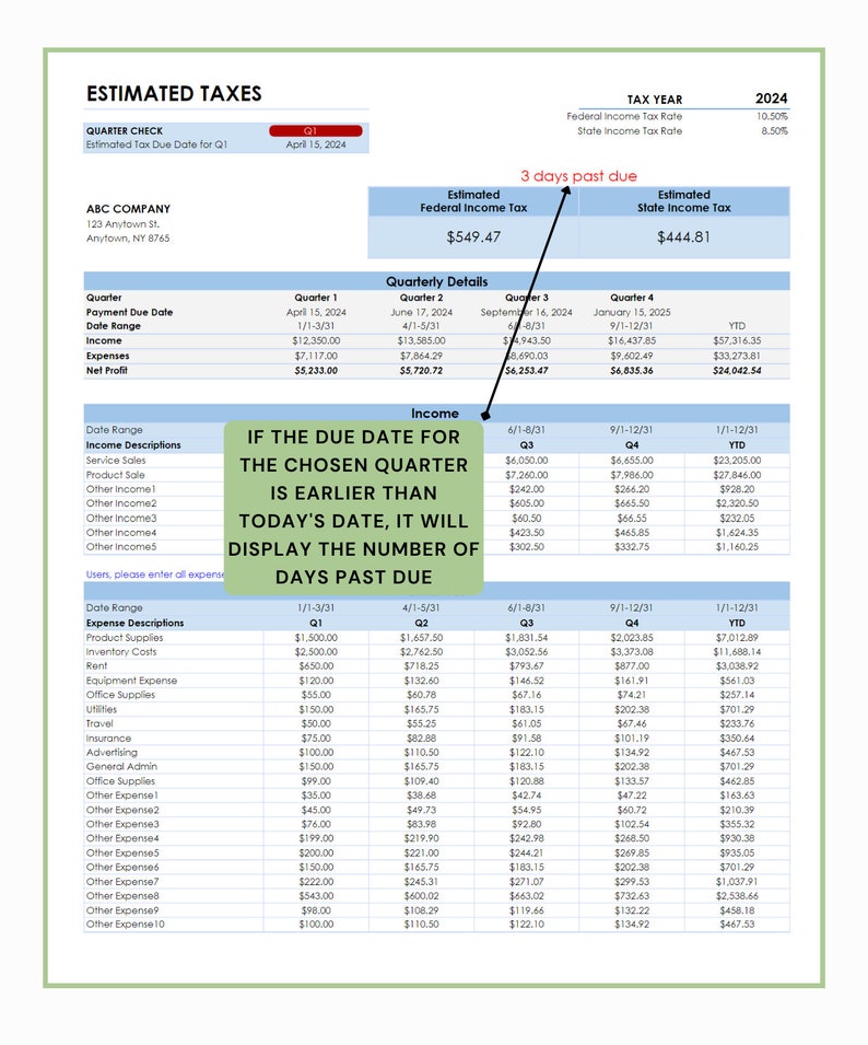Quarterly Taxes Template, Profit and Loss Template, Estimated Taxes ...