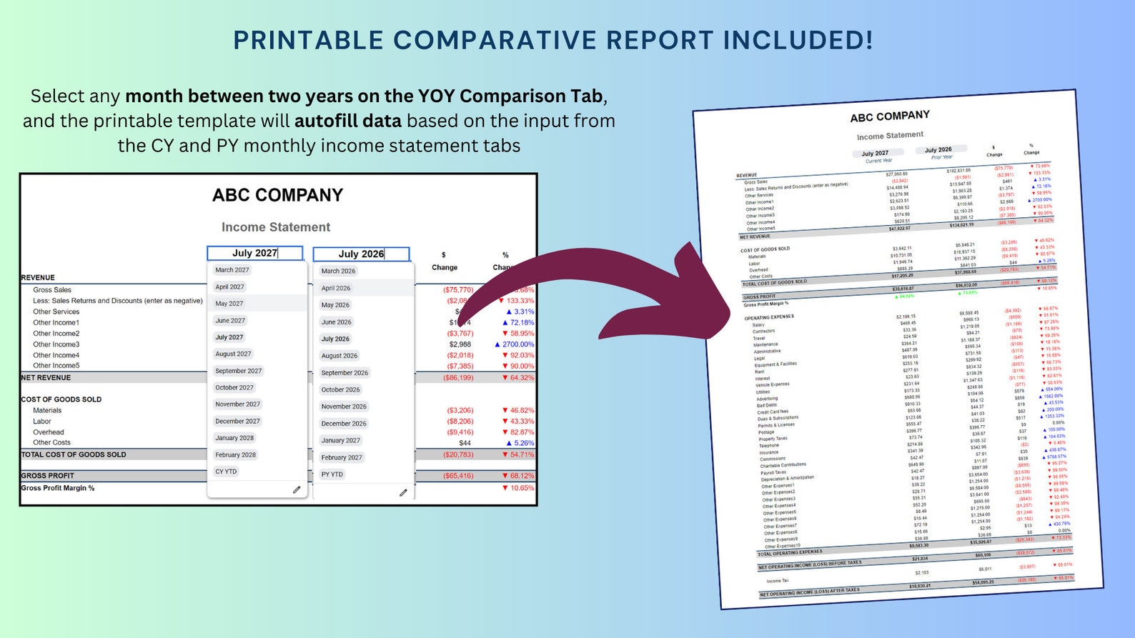 Income Statement Template, Profit and Loss, Year Over Year Income ...