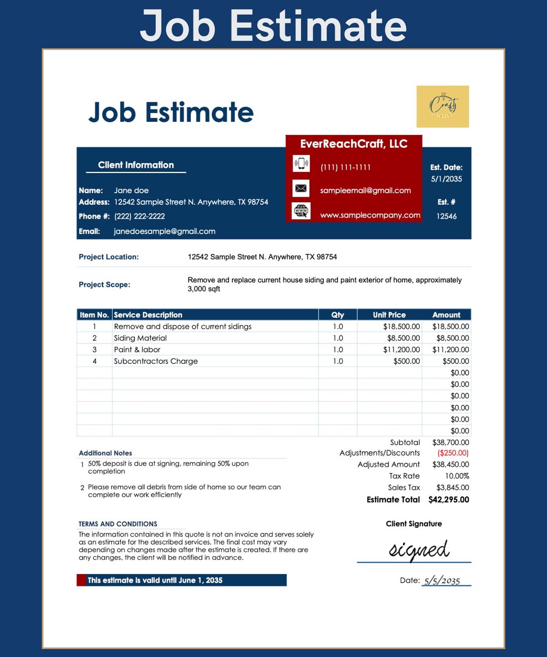 Work Estimate Template, Bid Template, Proposal, General Contractor ...