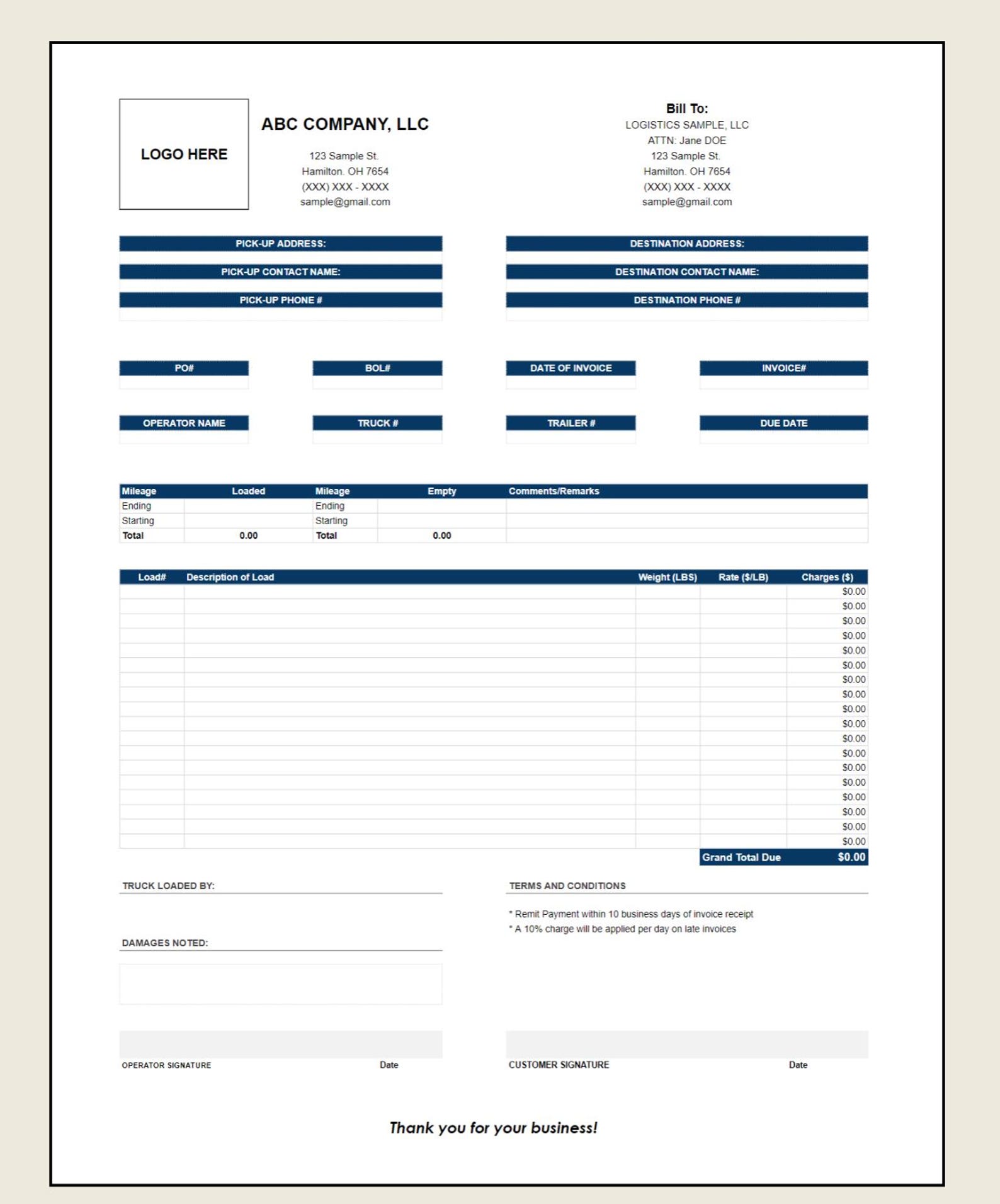 Trucker Invoice, Trucking Invoice Template, Freight Invoice, Bill of ...
