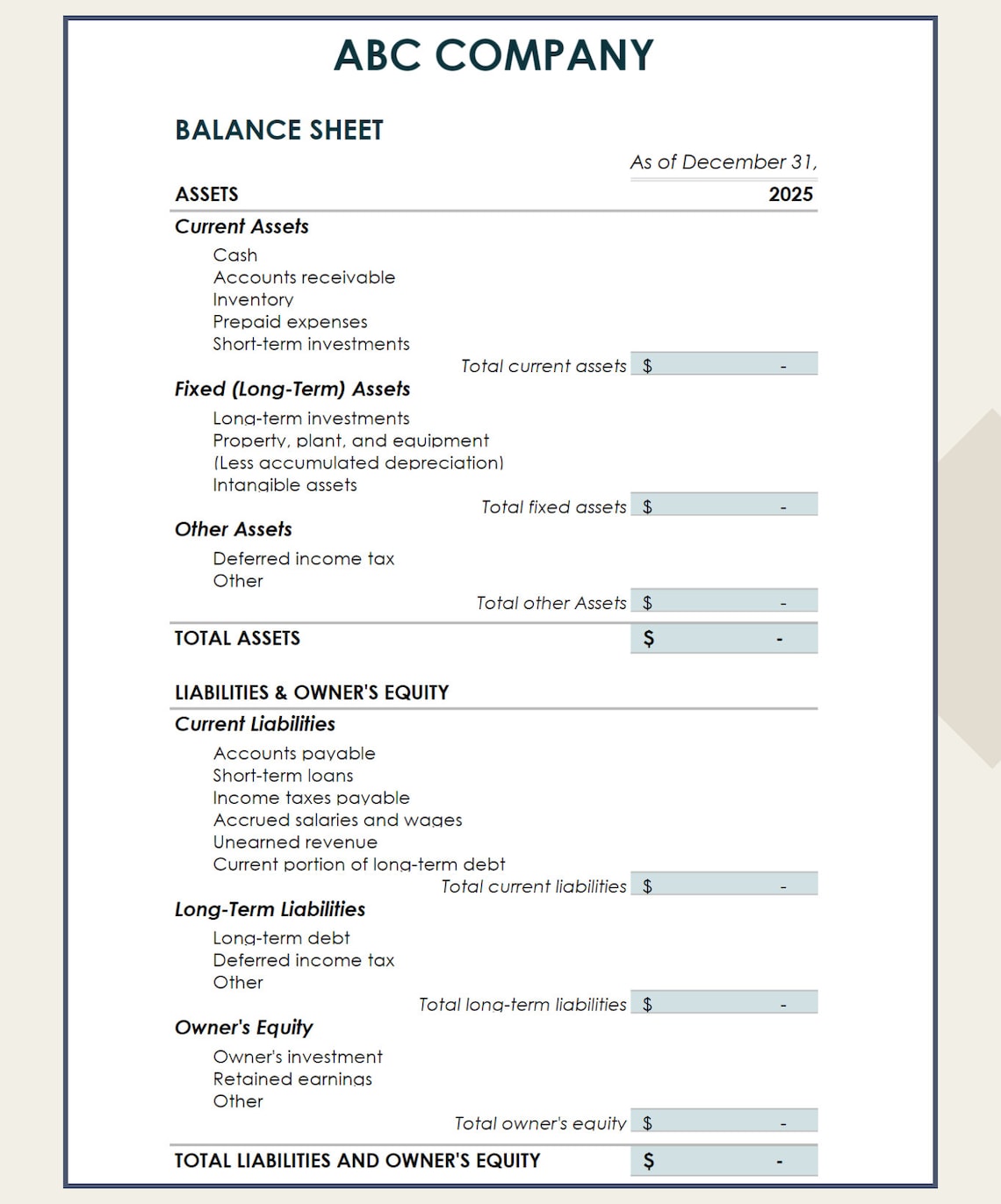 Annual Balance Sheet, Editable Balance Sheet, Balance Sheet Template ...
