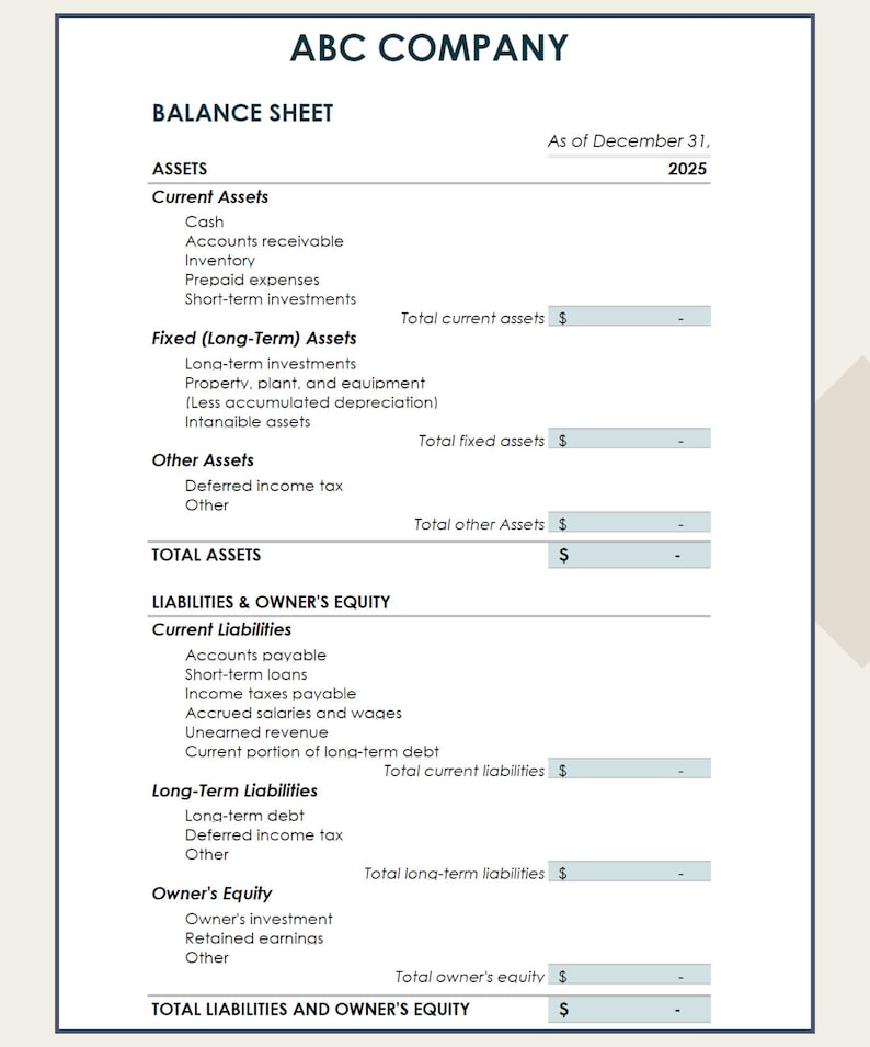 Annual Balance Sheet, Editable Balance Sheet, Balance Sheet Template ...