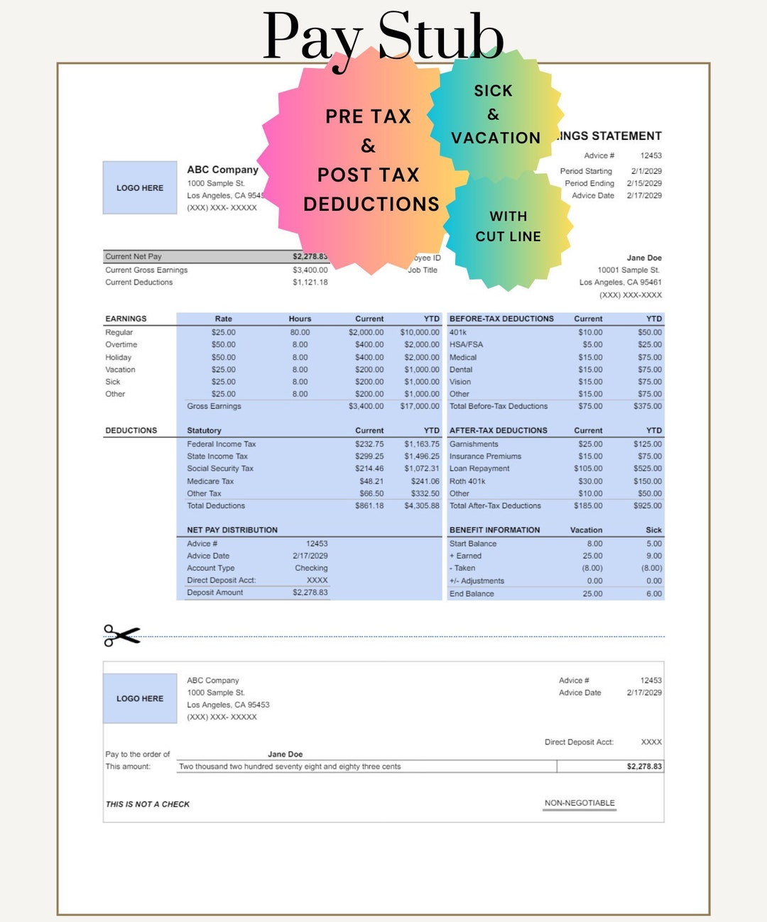 Paystub Template, Earnings Statement, Payroll Template, Payslip ...