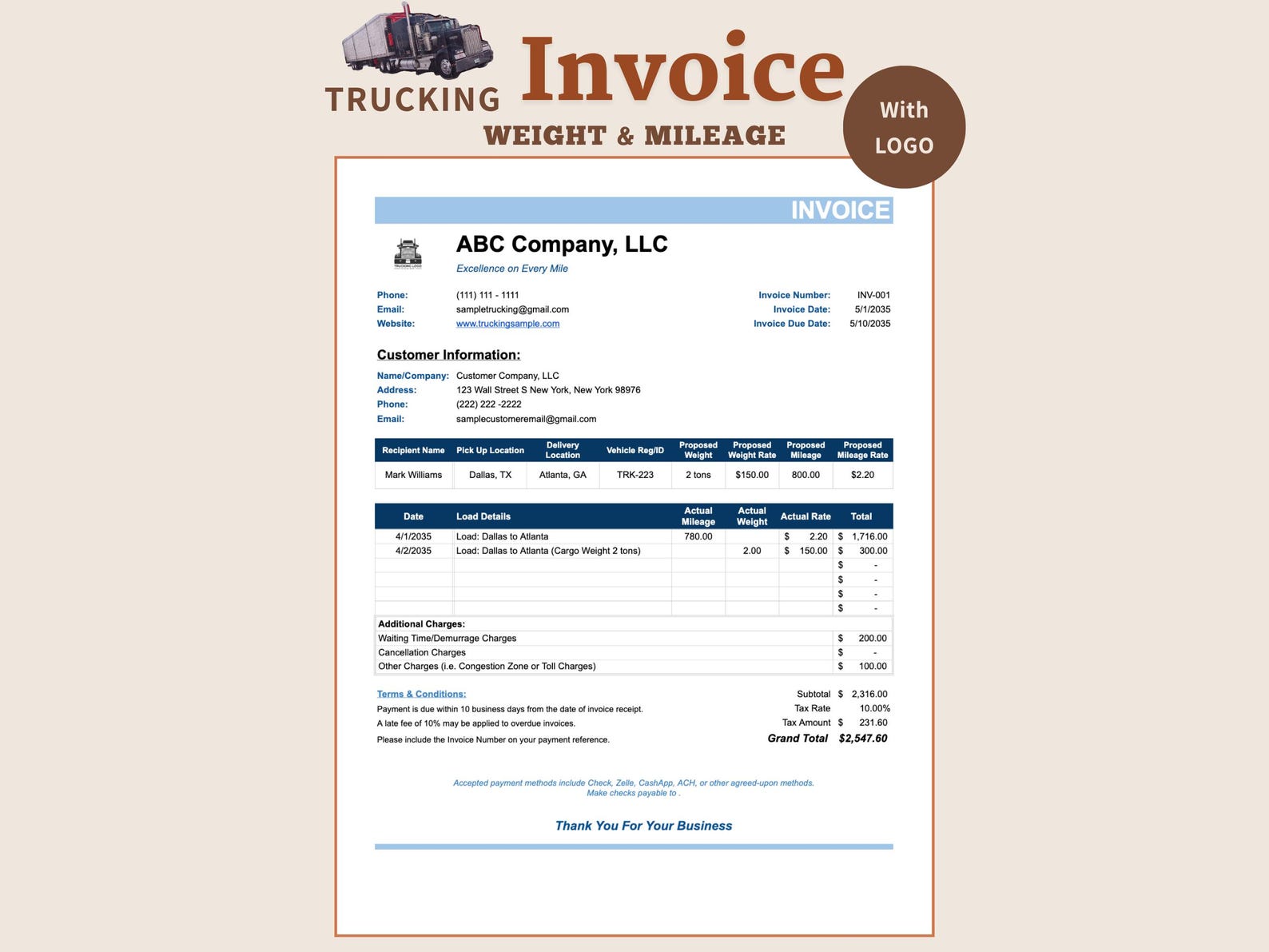 Trucking Invoice Template With Logo: Freight & Mileage Billing Form - Etsy
