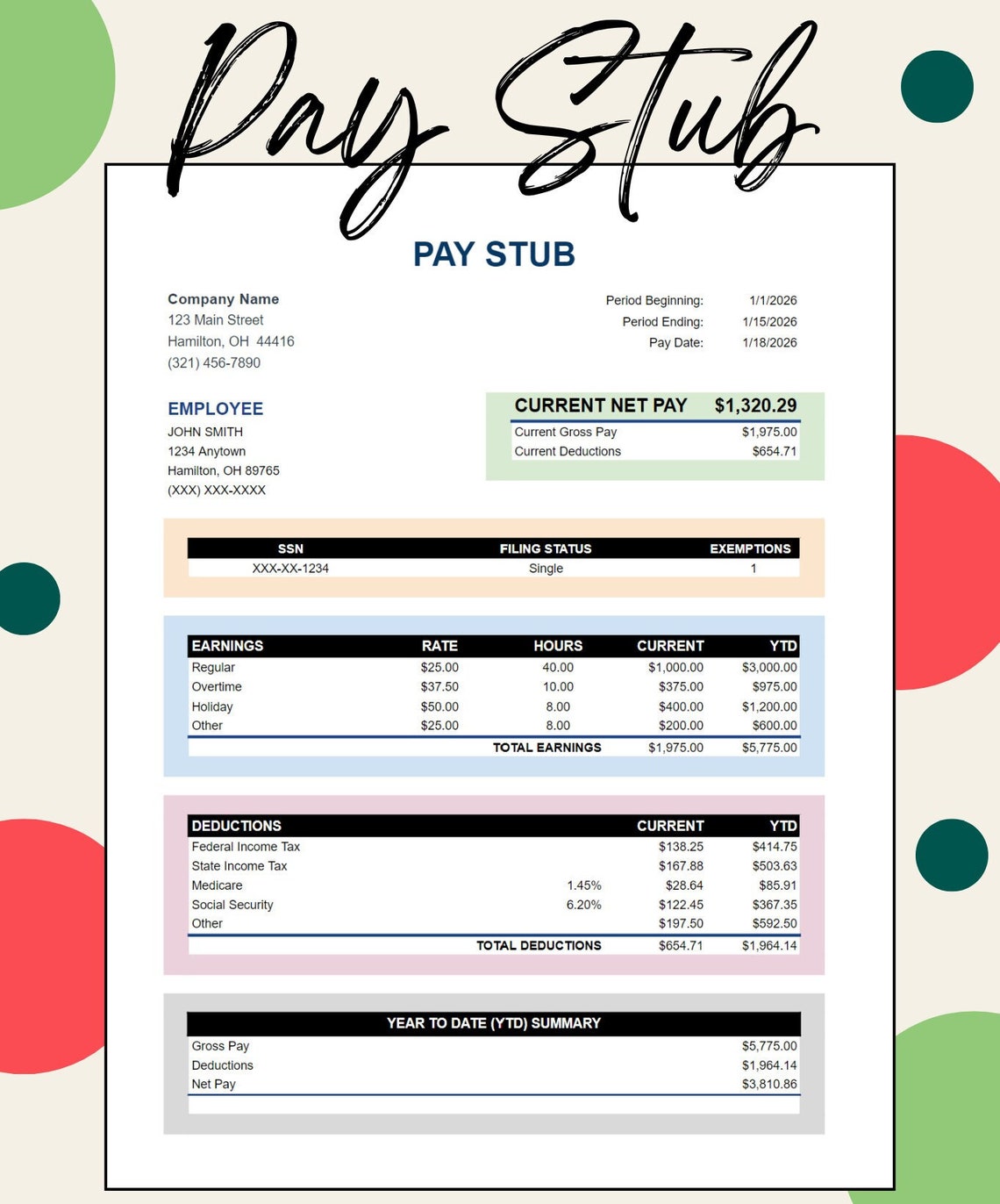 Paystub Template, Earnings Statement, Employee Payroll, Small Business ...