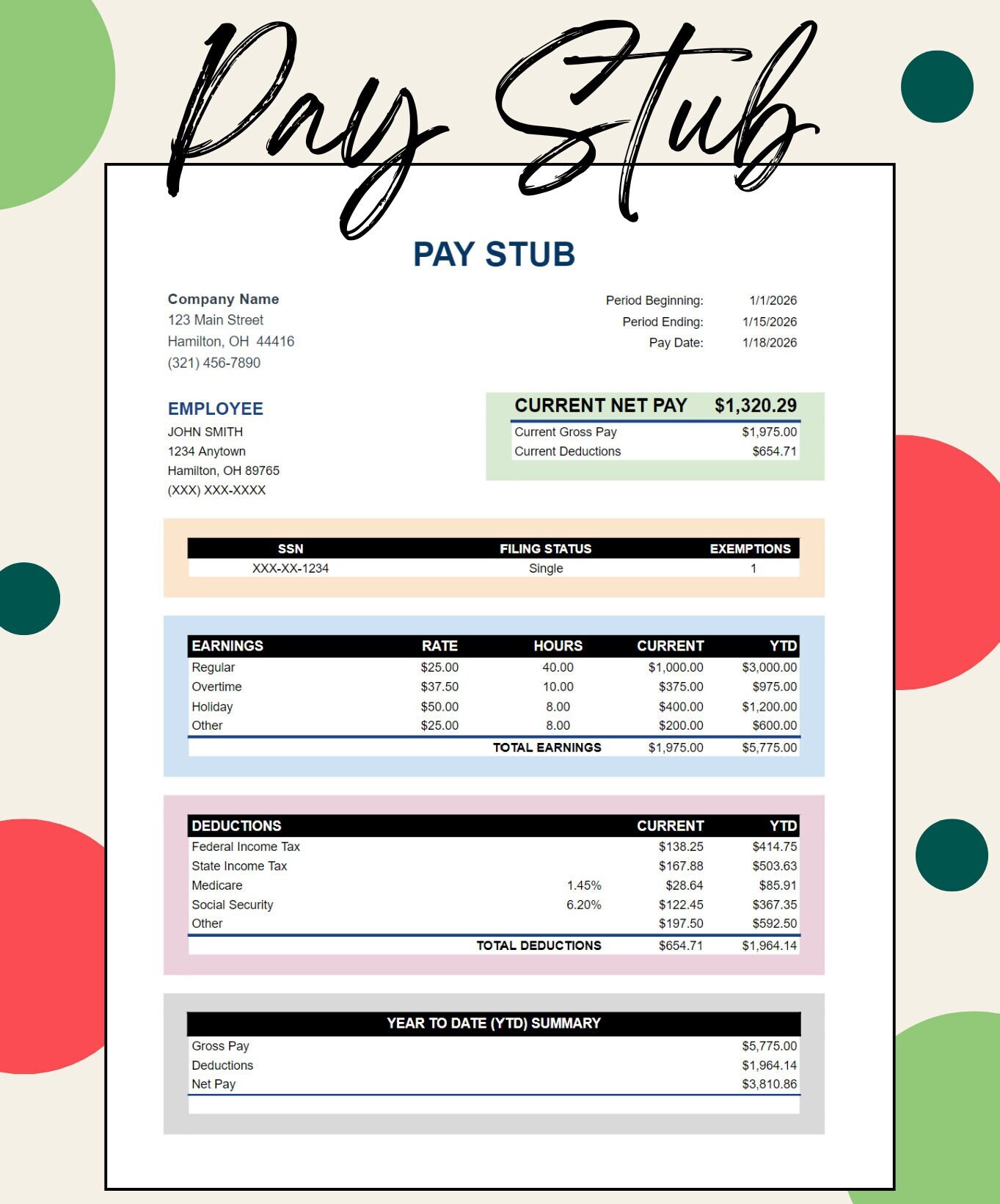Paystub Template, Earnings Statement, Employee Payroll, Small Business ...