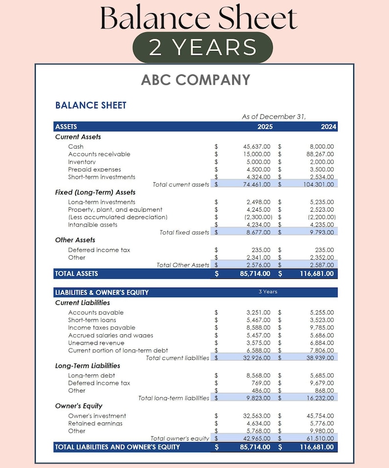 Balance Sheet Template: 2-year Business Statement (excel & Google ...