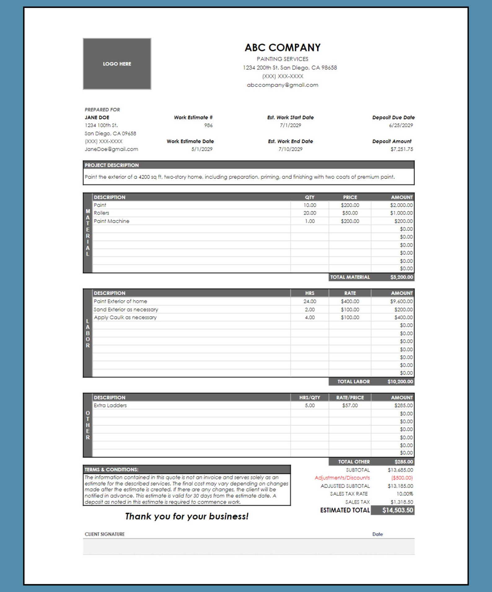 Job Estimate Template, Bid Template, Construction Proposal, Scope of ...