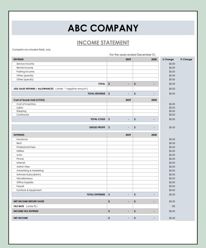 Editable Comparative Annual and Monthly Profit and Loss Statement ...