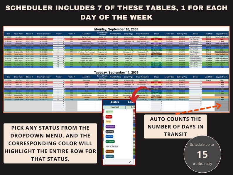 Truck Load Delivery Planner | Scheduling Spreadsheet for Trucking - Etsy