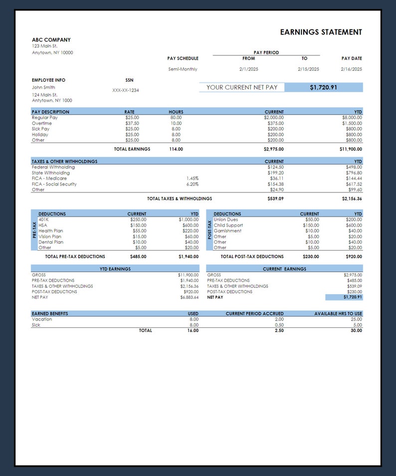 Paystub Template: Earnings Statement, Payroll, Before and After Tax - Etsy