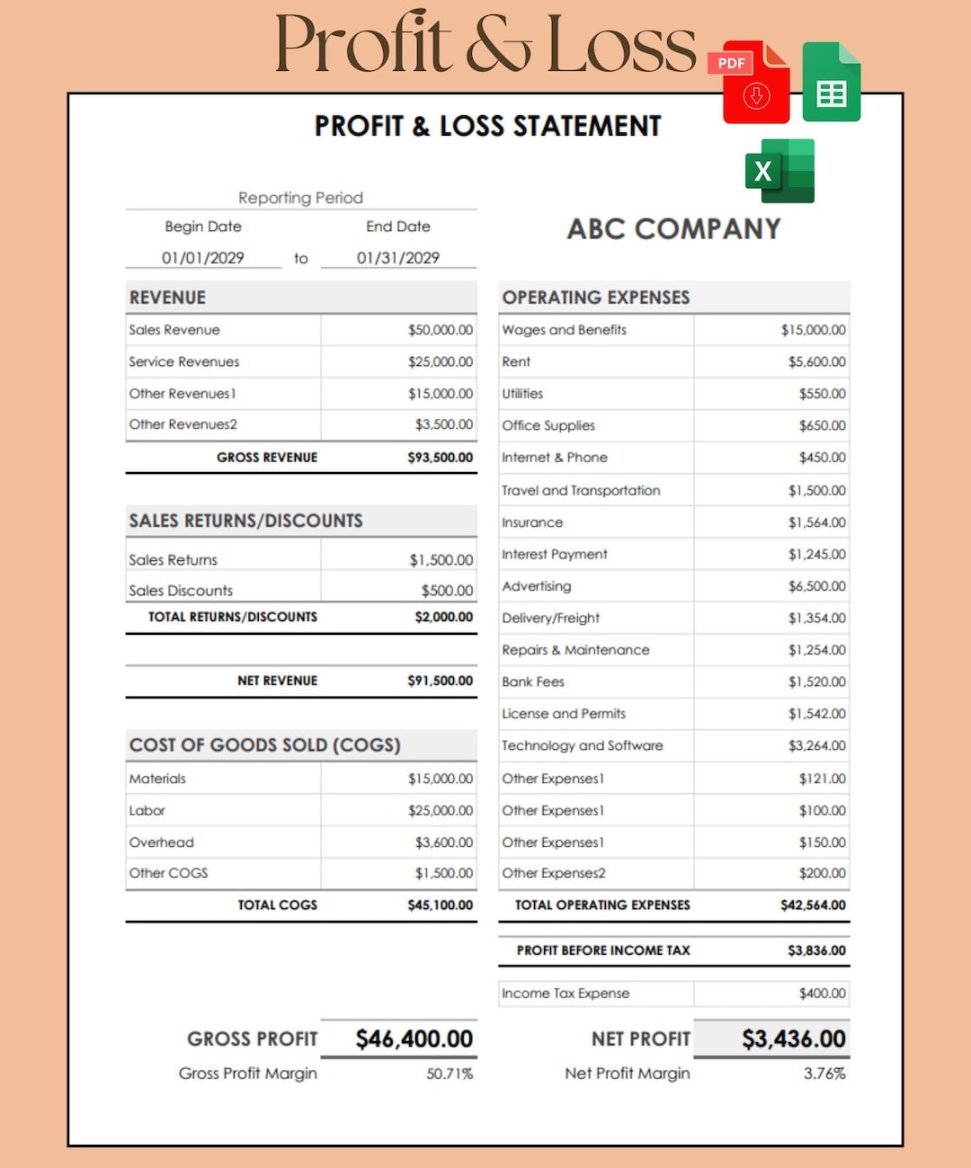 Profit and Loss Statement, Profit and Expense, Income Statement ...