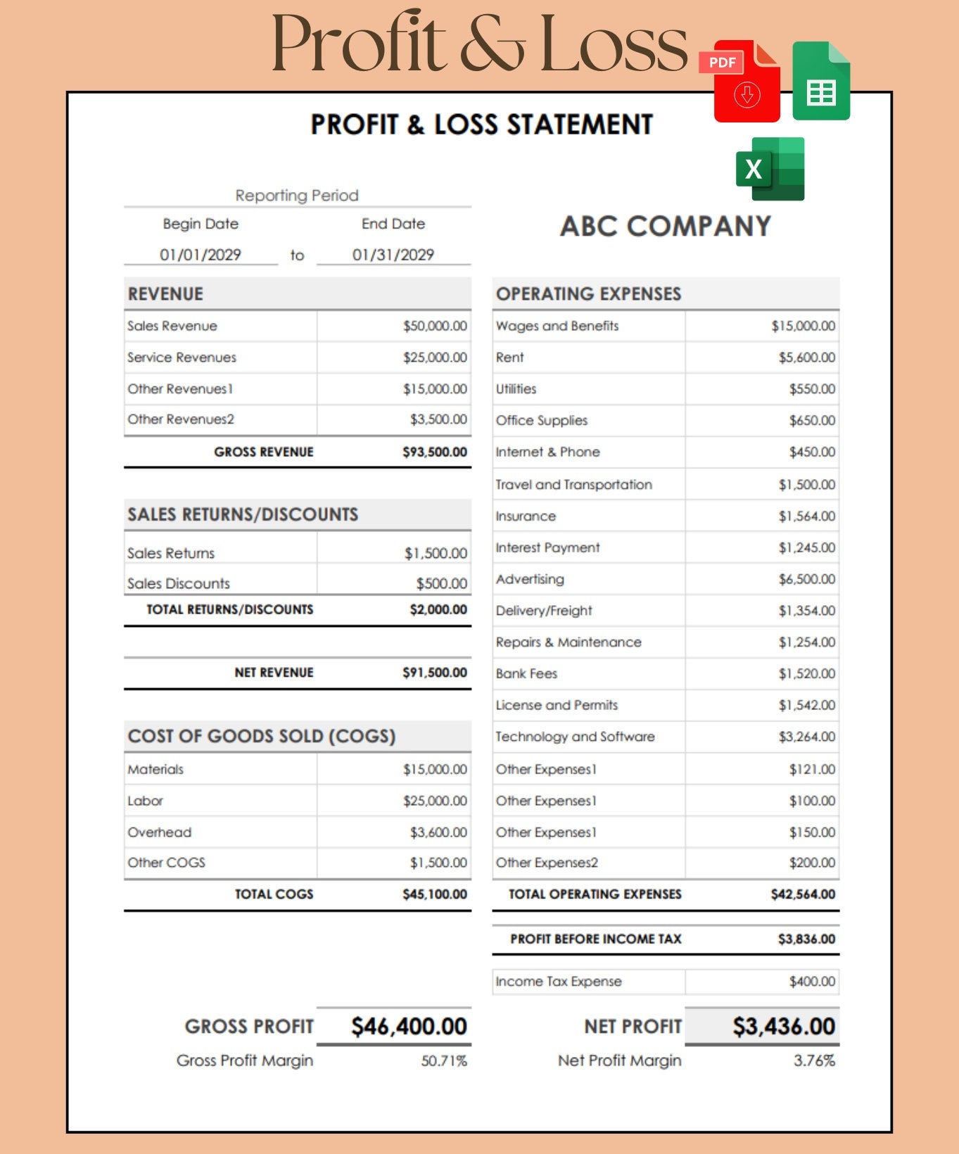 Profit and Loss Statement, Profit and Expense, Income Statement ...