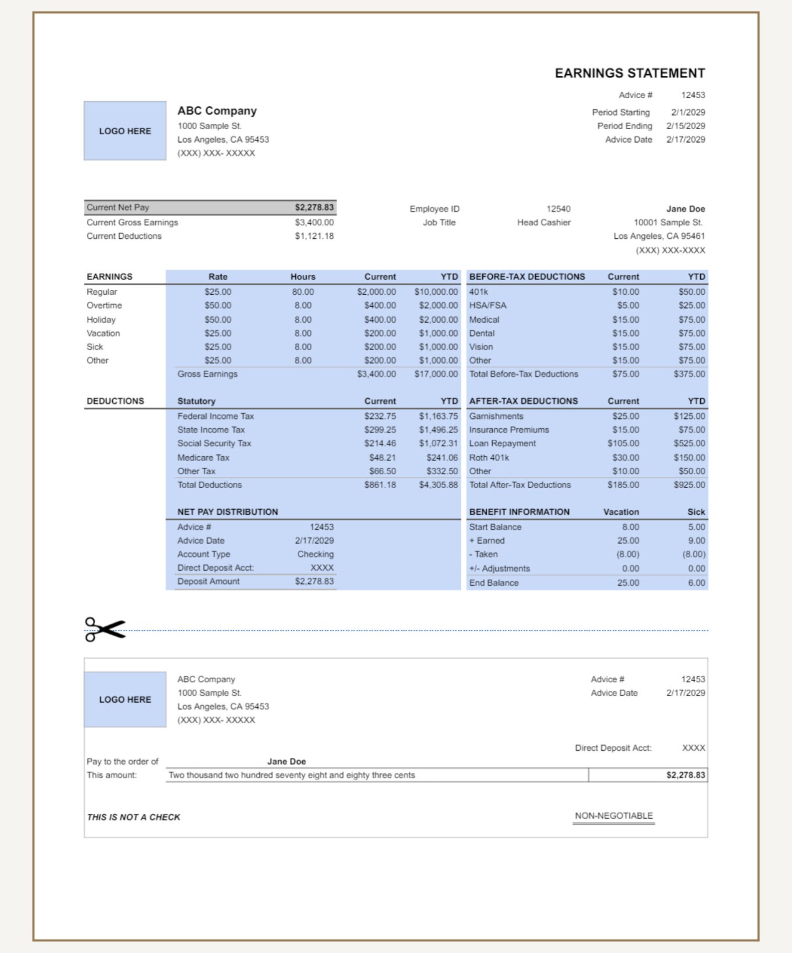 Paystub Template, Earnings Statement, Payroll Template, Payslip ...