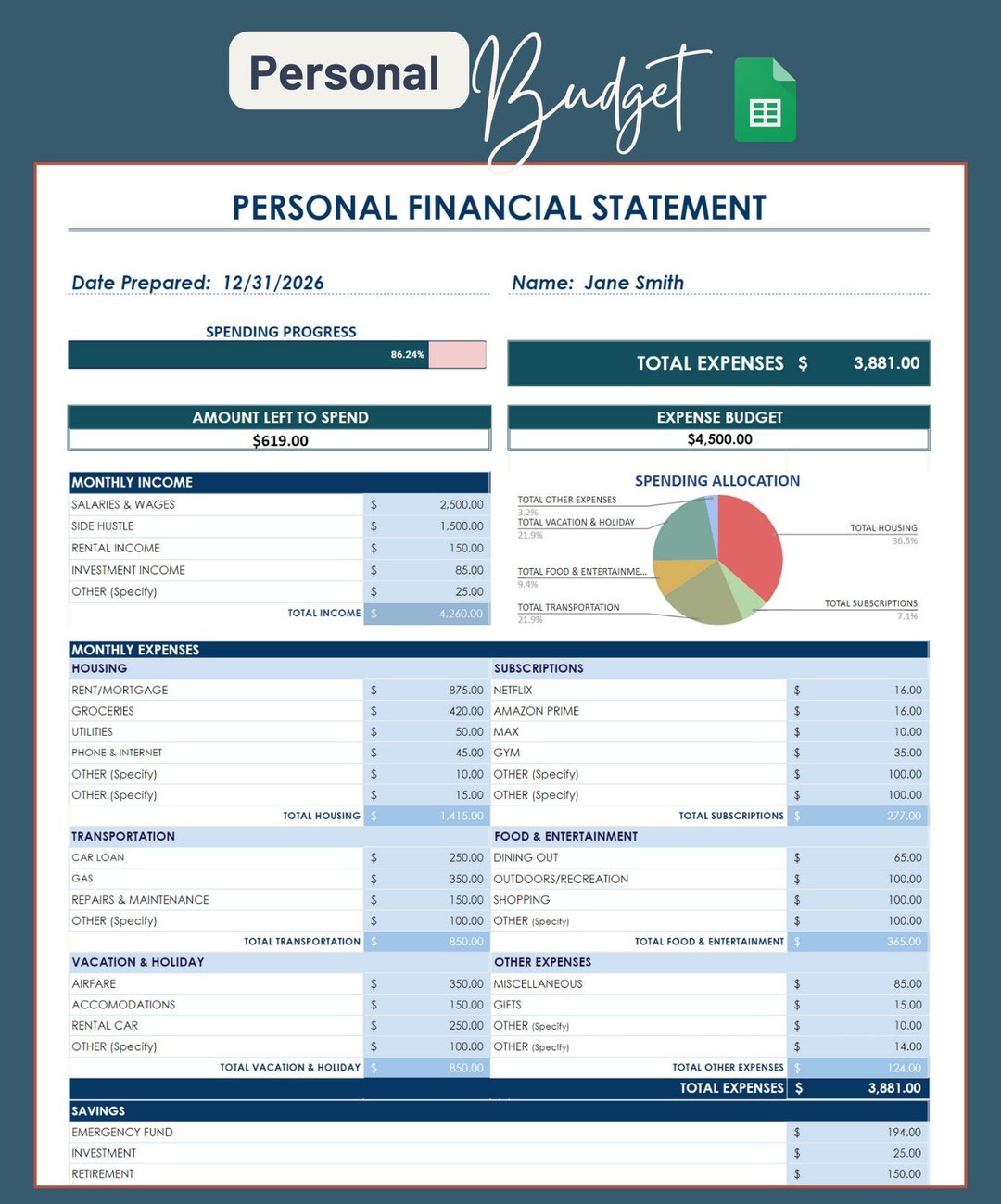 Personal Financial Overview, Financial Planner, Budget Template, Budget ...