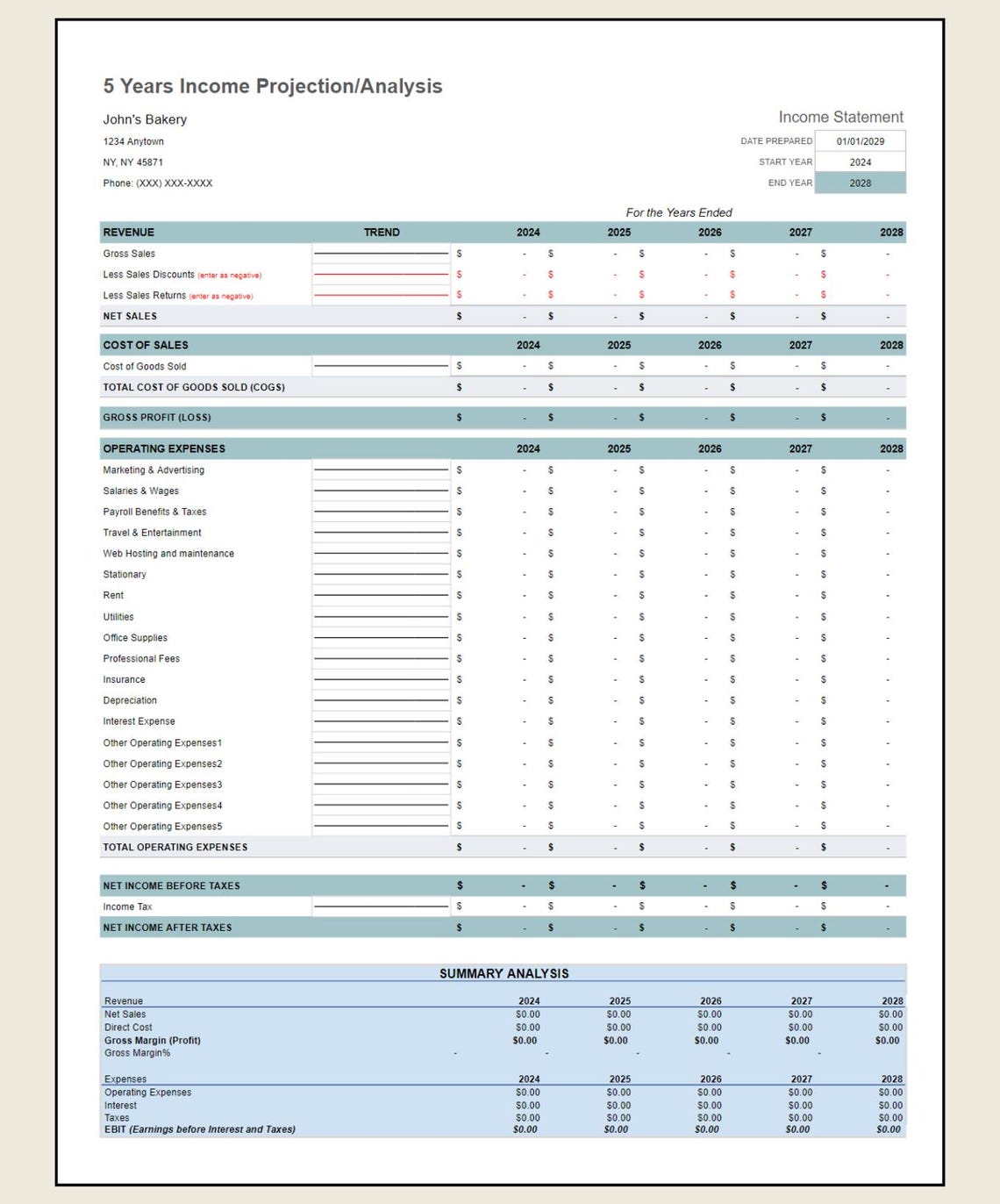 Pro Forma Income Statement Template | 5-year Income & Expense Analysis ...