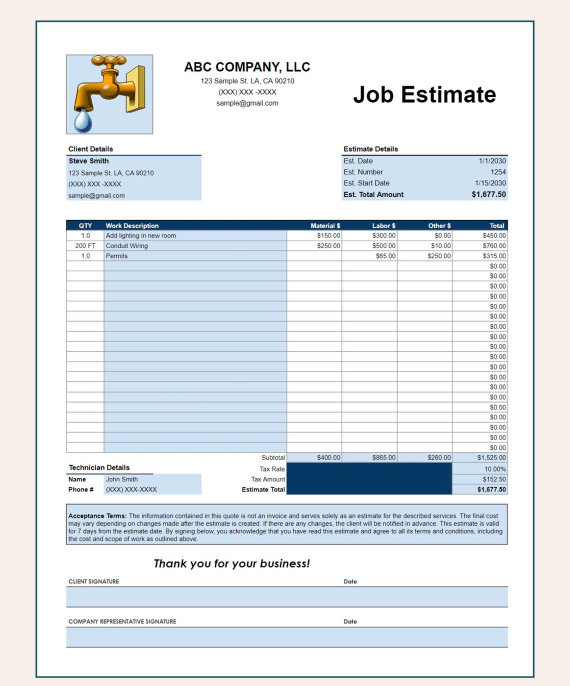 Job Estimate Template: Construction, Handyman, Plumbing (google Sheets ...