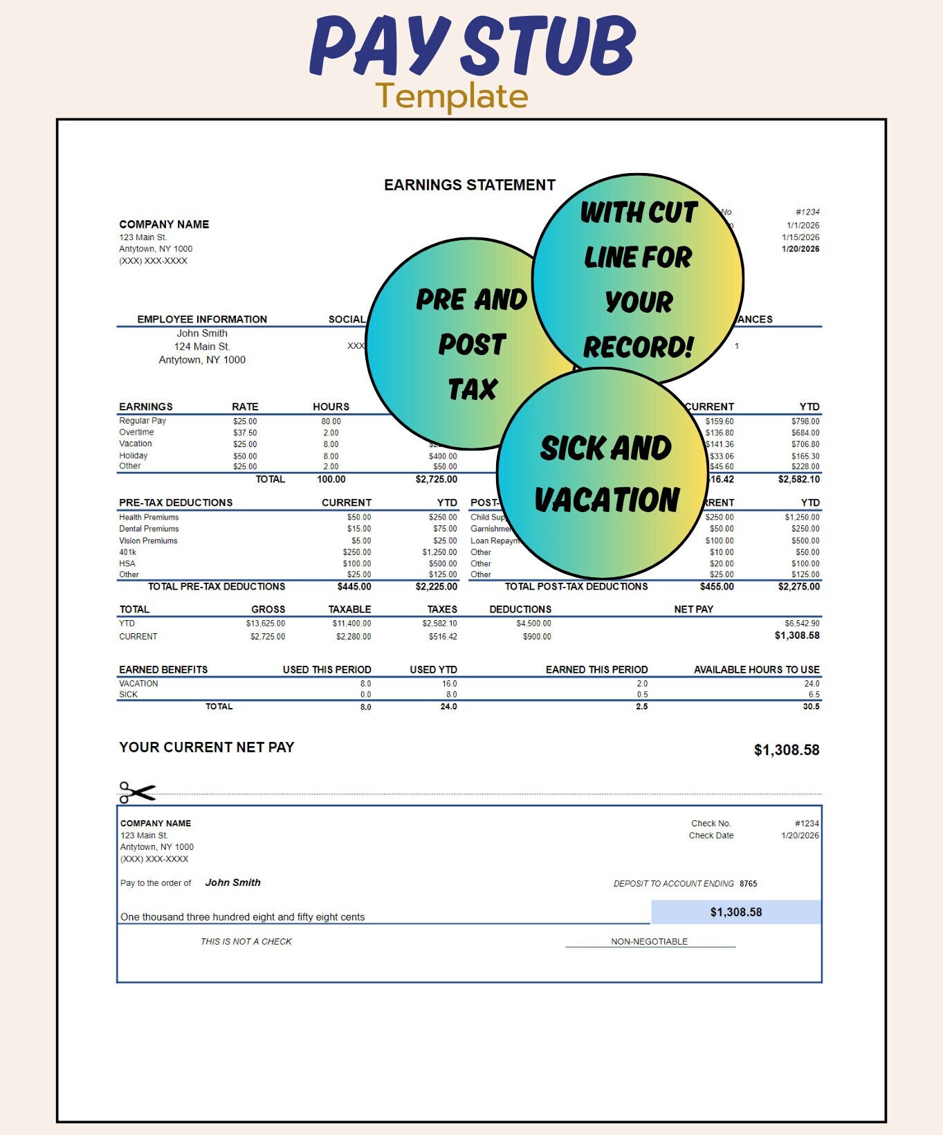 Paystub Template, Earnings Statement, Payroll Template, Payslip ...