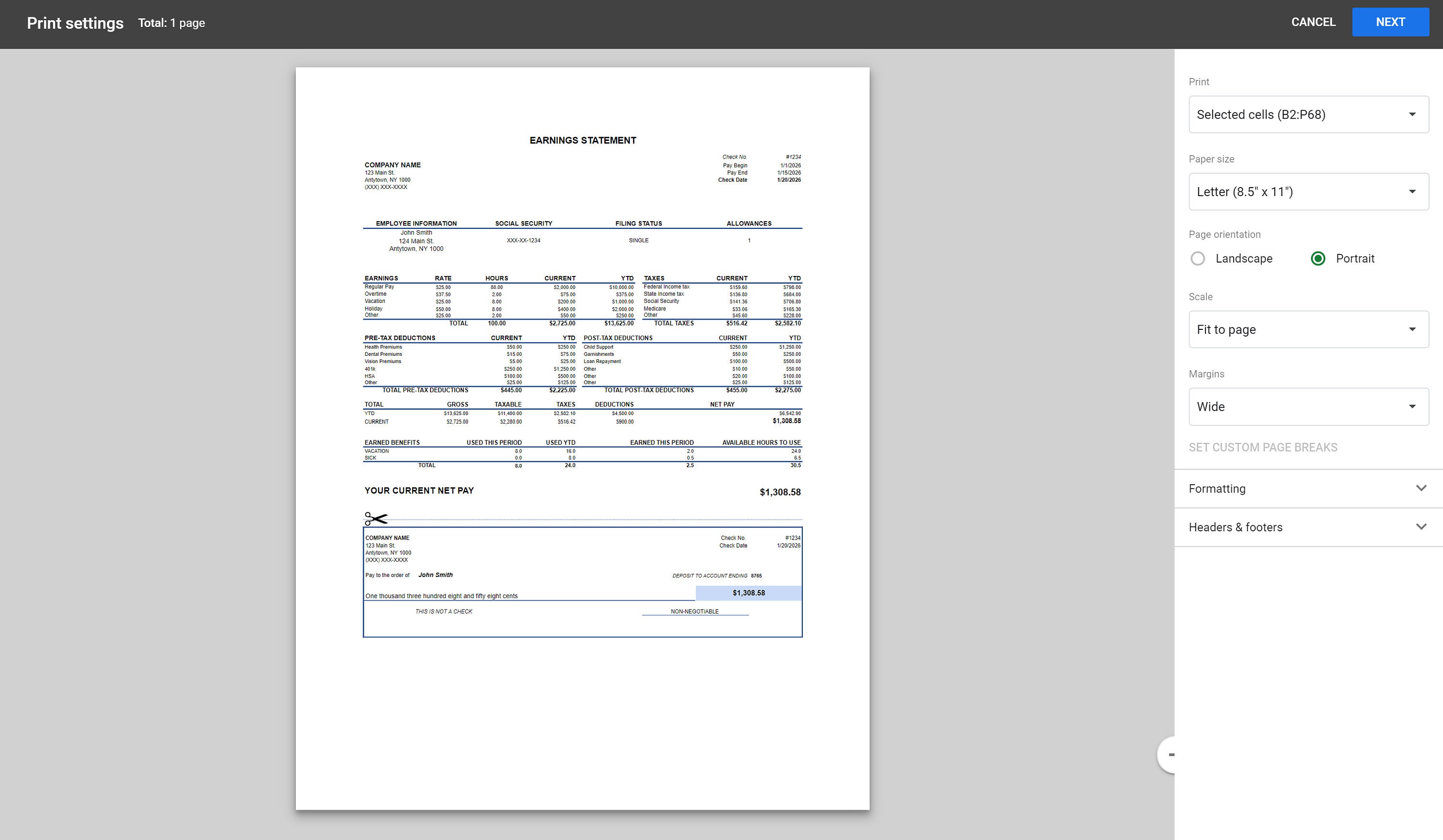Paystub Template, Earnings Statement, Payroll Template, Payslip ...