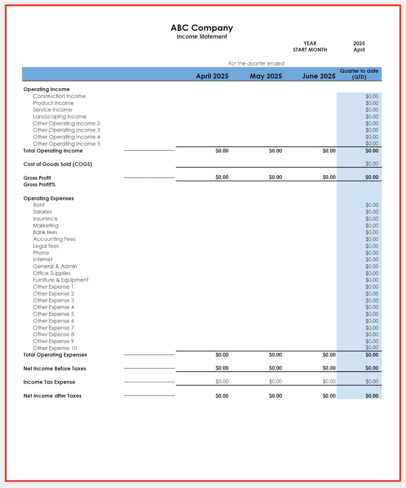 Quarterly Income Statement, Quarterly Profit and Loss Statement, Income ...