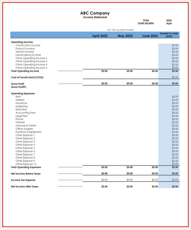 Quarterly Income Statement, Quarterly Profit and Loss Statement, Income ...