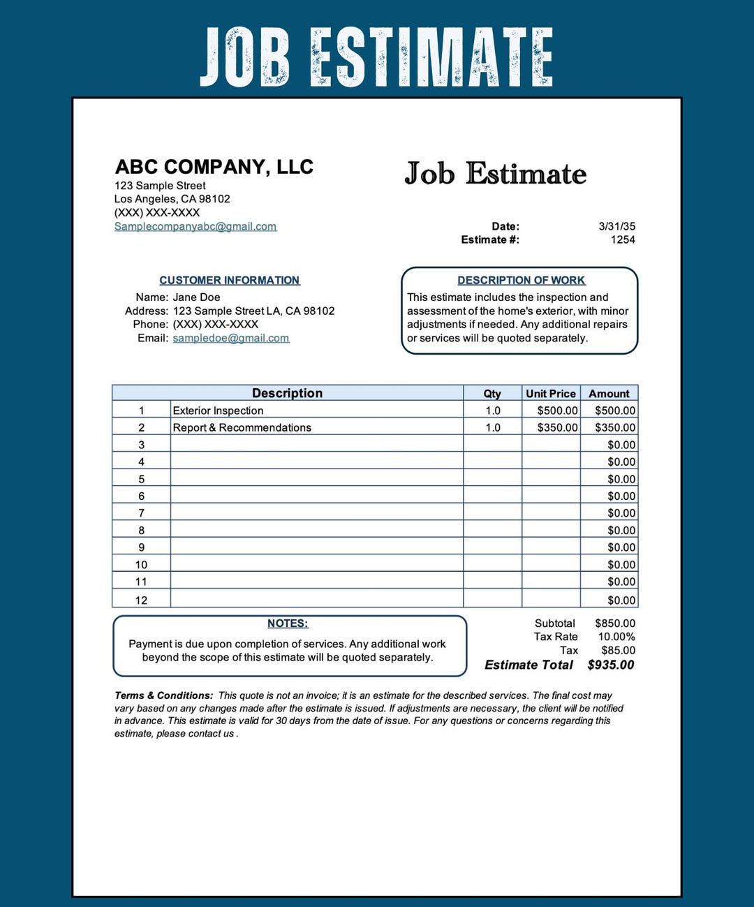 Job Estimate Template: Professional Bid Proposal - Etsy