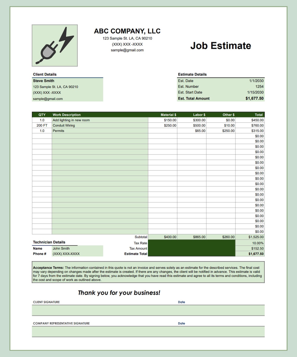 Professional Job Estimate Template: Construction, Handyman, Electrician ...
