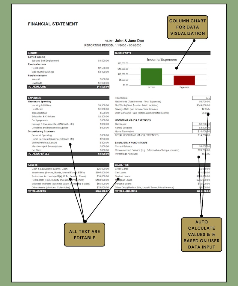 Personal Financial Statement Template: Editable Net Worth Overview - Etsy