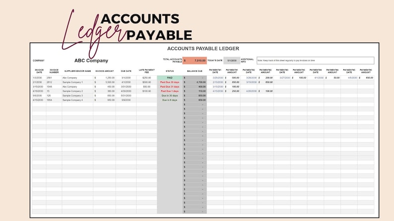 Accounts Payable Template: Small Business Vendor Payment Ledger - Etsy