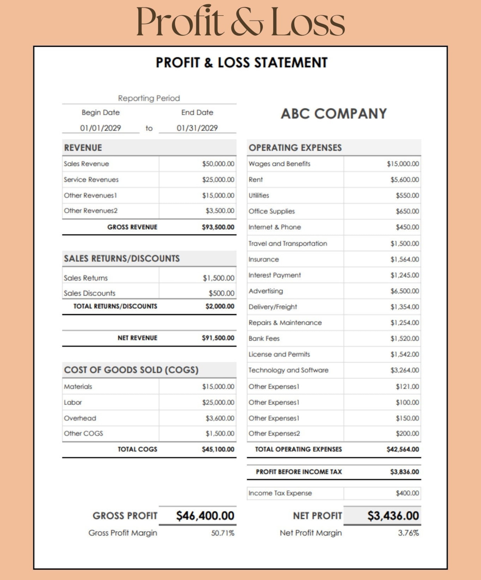 Profit and Loss Statement, Profit and Expense, Income Statement ...